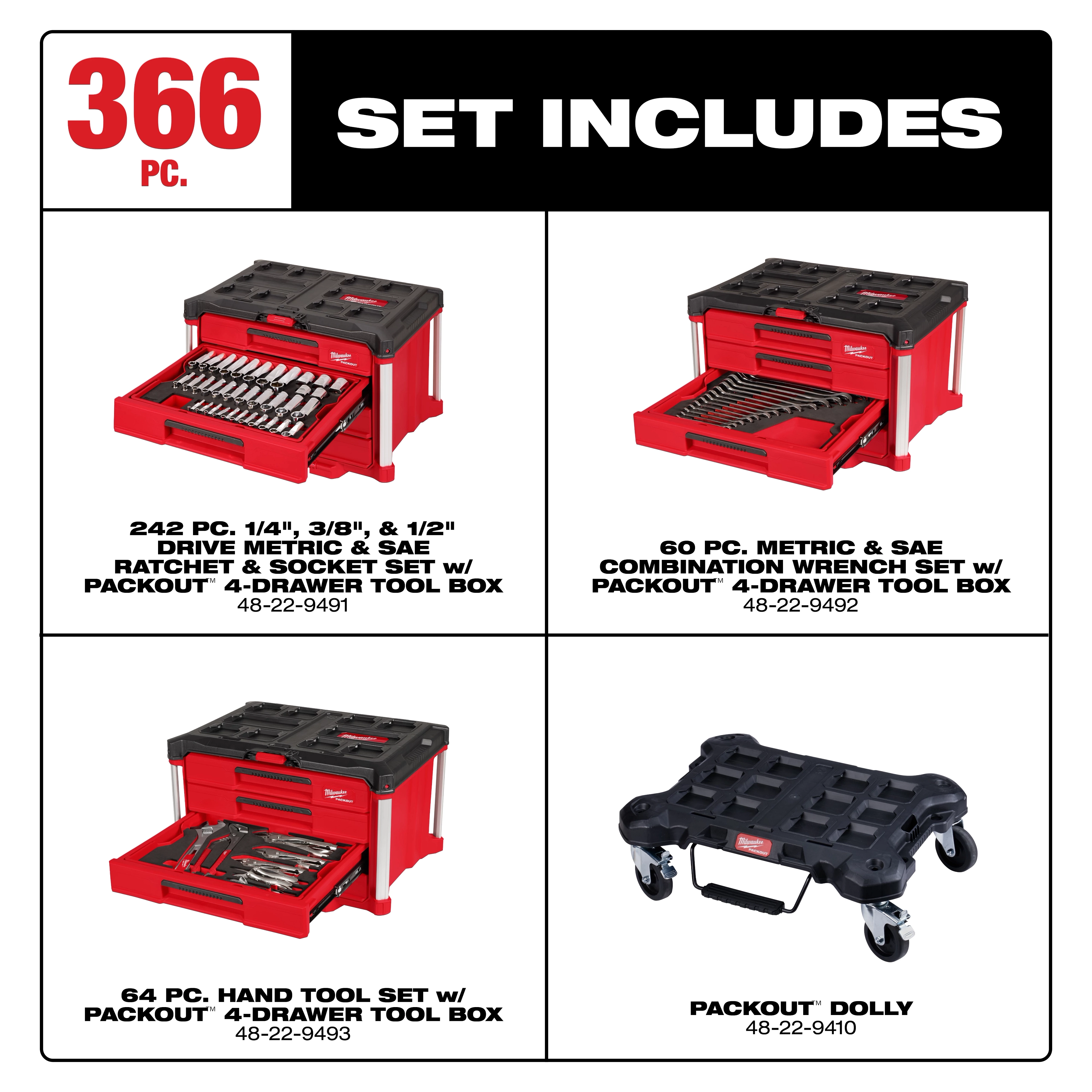 366pc. Master Mechanics Hand Tool Set with Drawers and Dolly| Milwaukee Tool